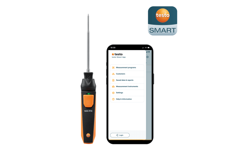testo 915i with immersion/penetration probe (TC type K) and smartphone ...