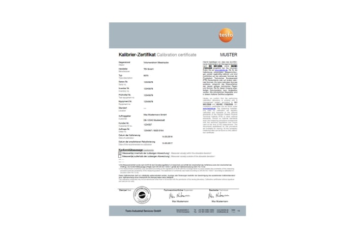 ISO calibration certificate for volume flow / Testo AG